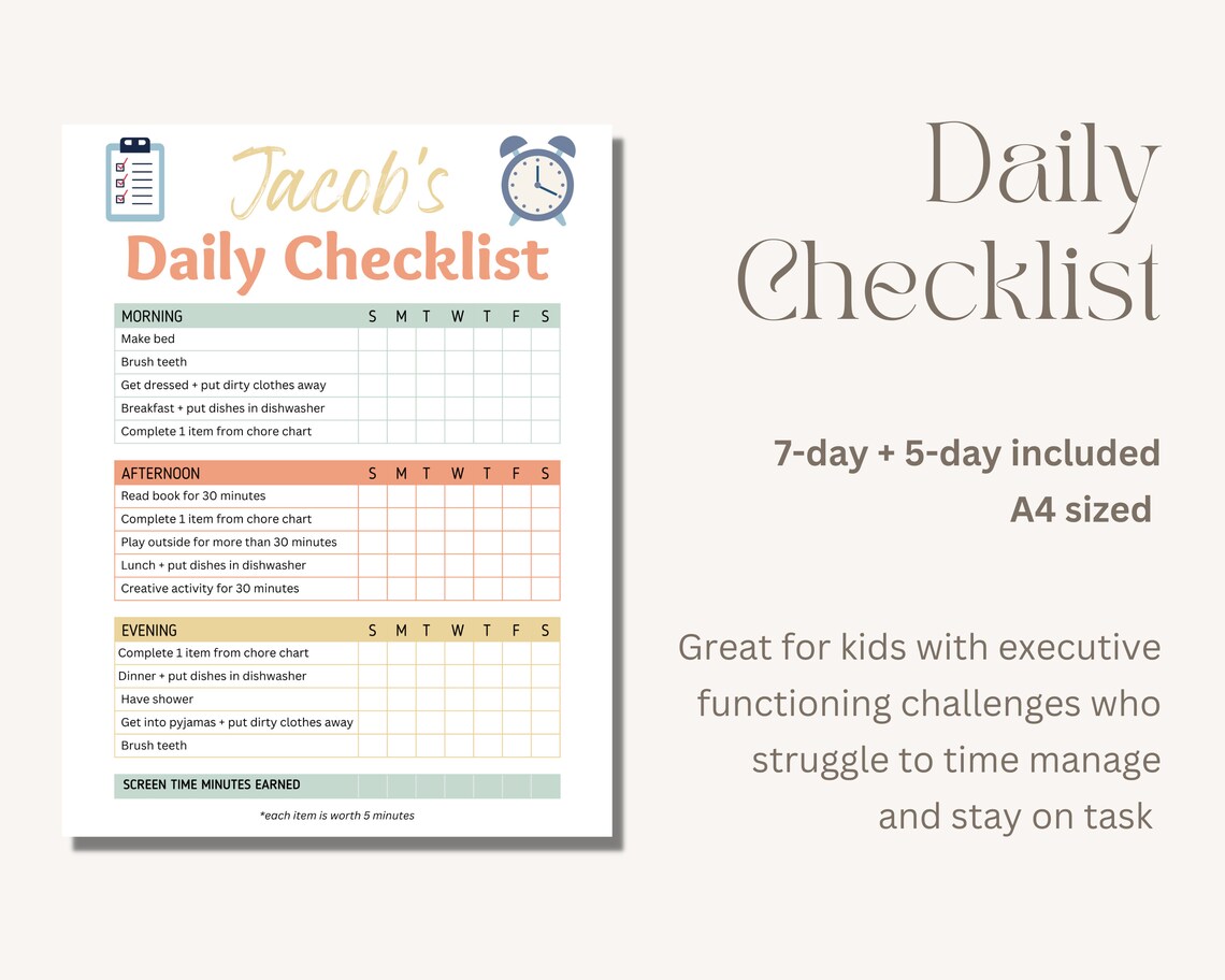 Editable Daily Checklist Chores Chart Screen Time Chart Daily Routine ...