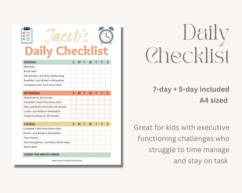Editable Daily Checklist Chores Chart Screen Time Chart Daily Routine ...