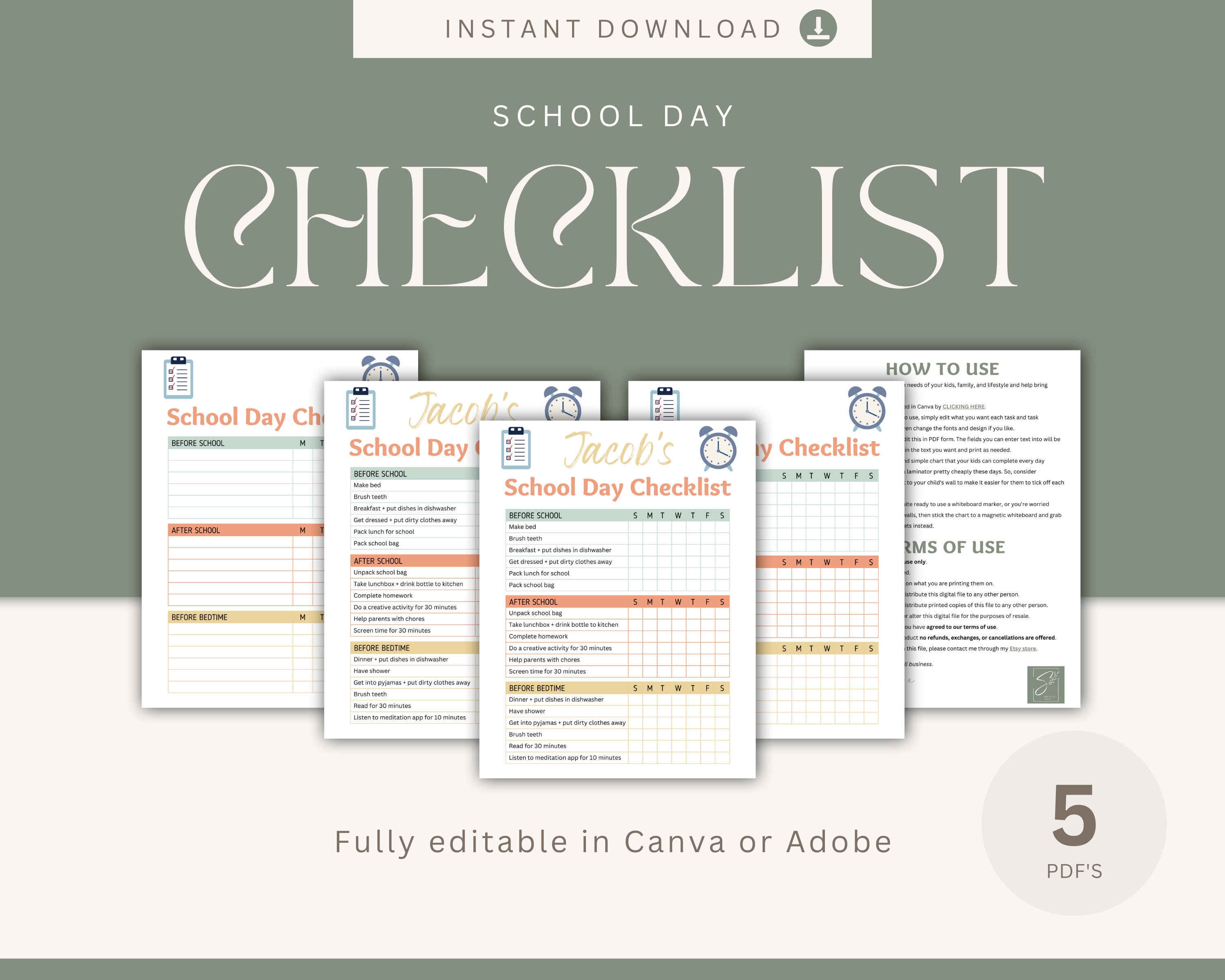 Editable School Day Checklist Kids Checklist Daily Routine Chart ...