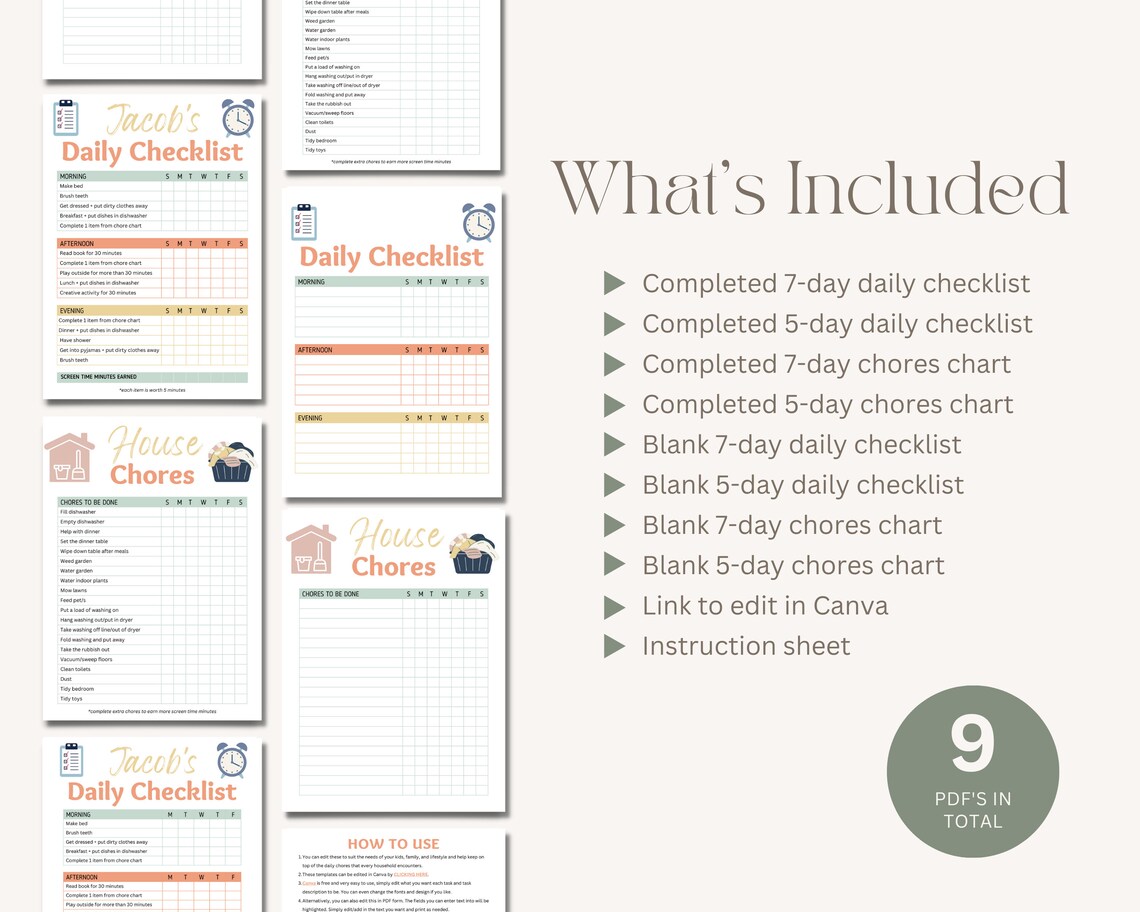 Editable Daily Checklist Chores Chart Screen Time Chart Daily Routine ...