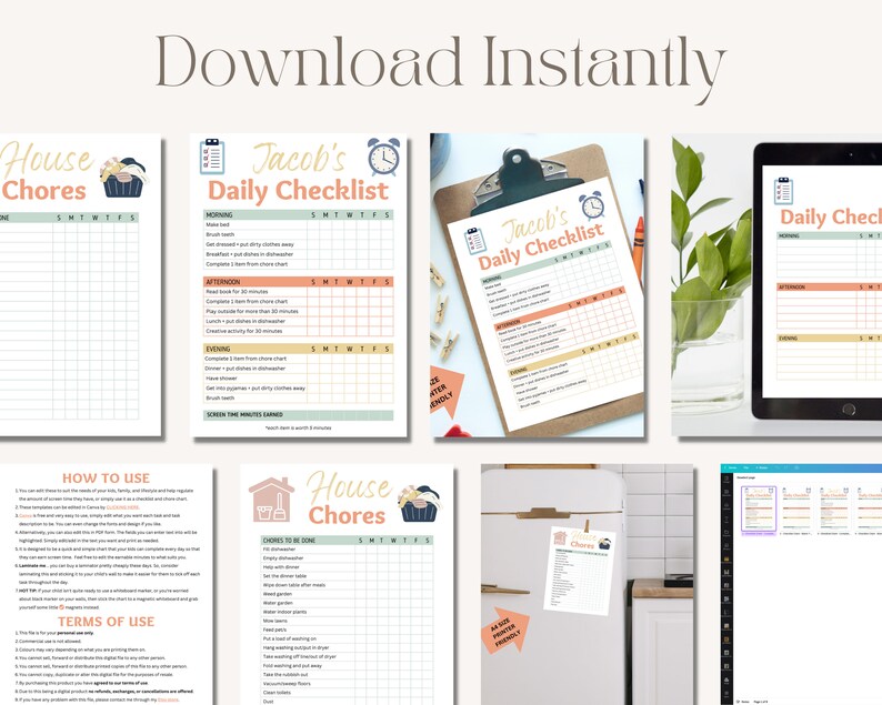 Editable Daily Checklist Chores Chart Screen Time Chart Daily Routine ...