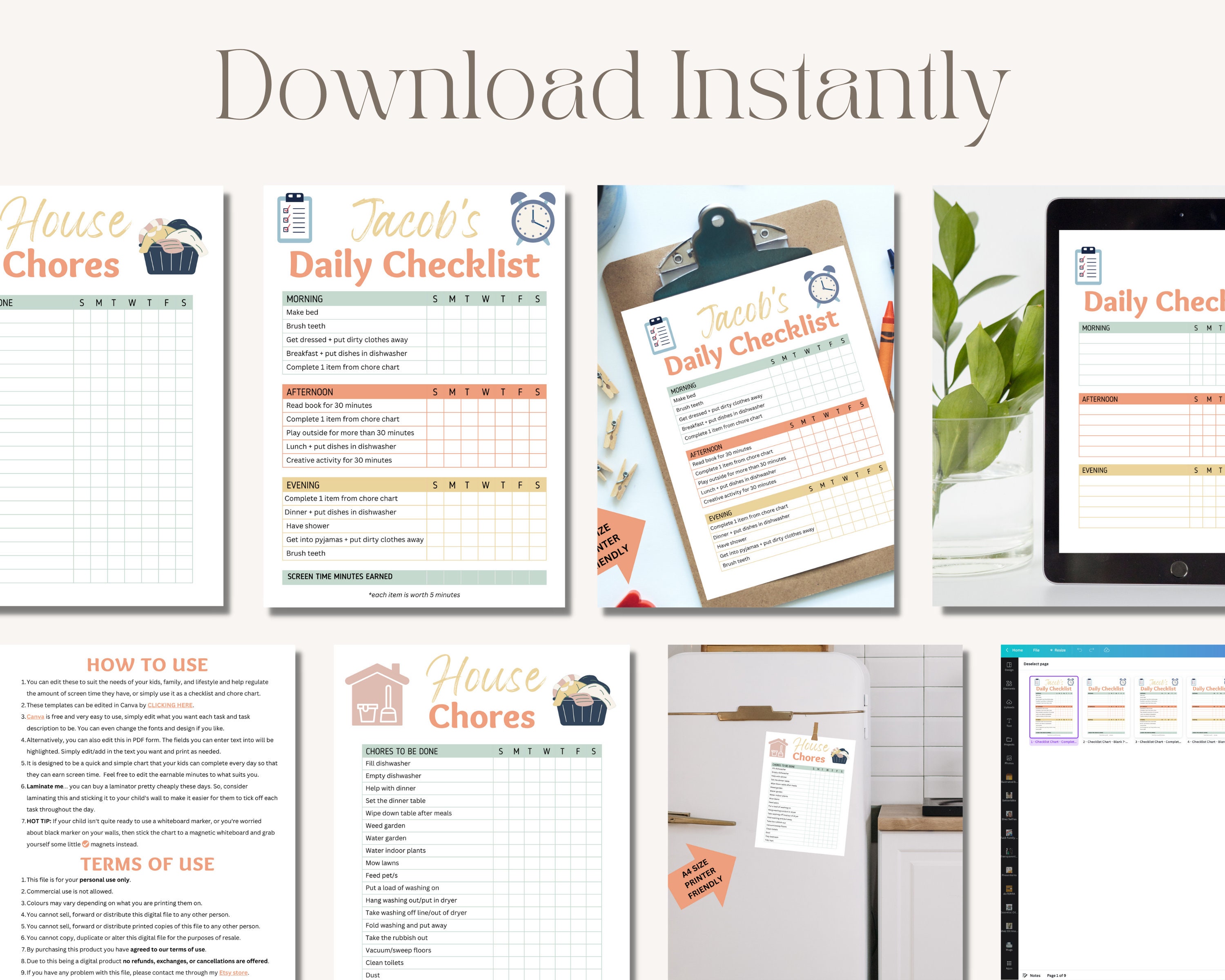 Editable Daily Checklist Chores Chart Screen Time Chart Daily Routine ...