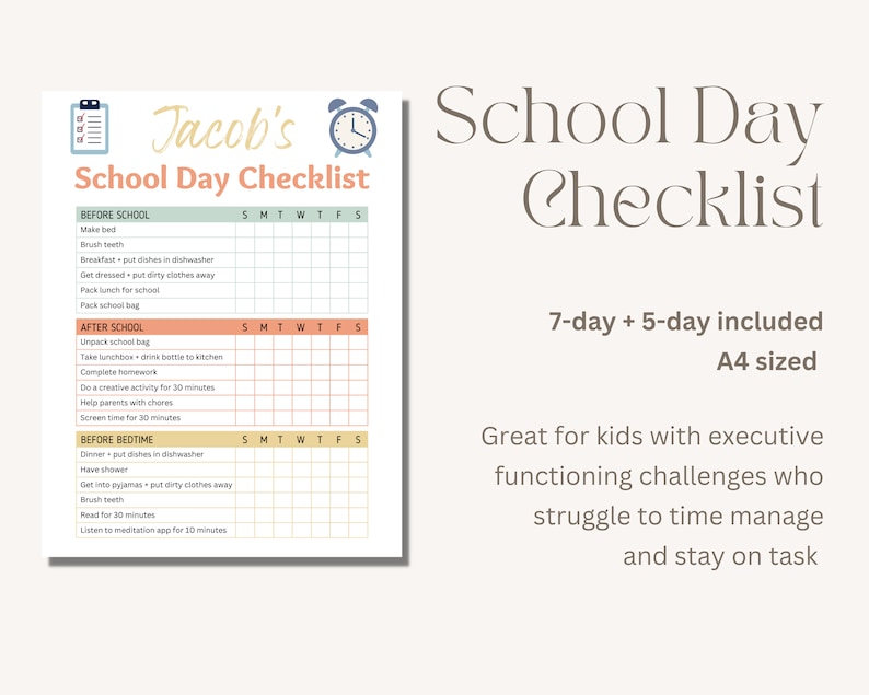 Editable School Day Checklist Kids Checklist Daily Routine Chart ...