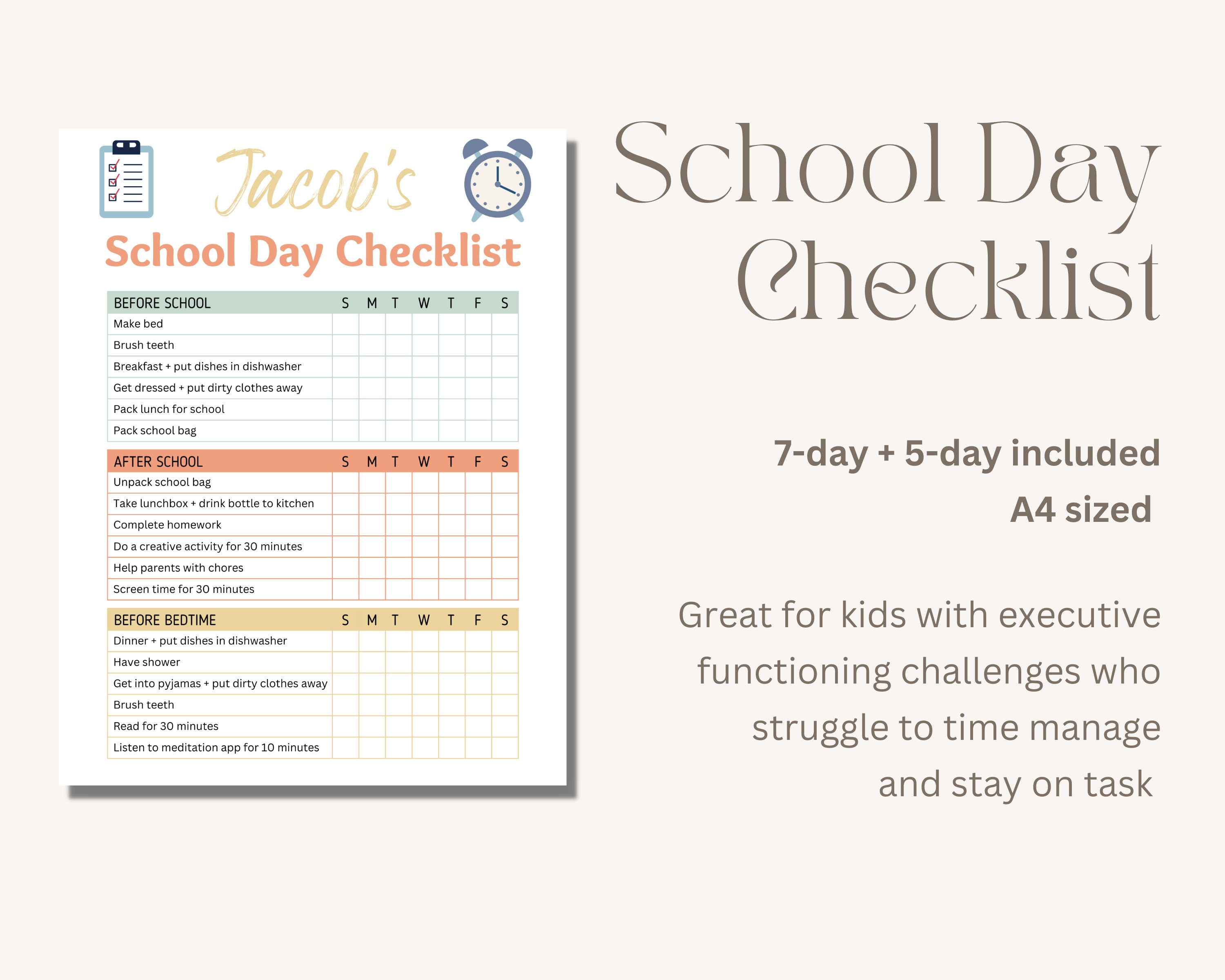 Editable School Day Checklist Kids Checklist Daily Routine Chart ...