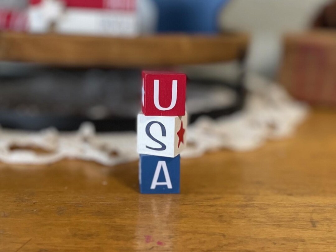 MINIATURE USA Blocks, Patriotic USA Blocks, Patriotic Tiered Tray Decor ...