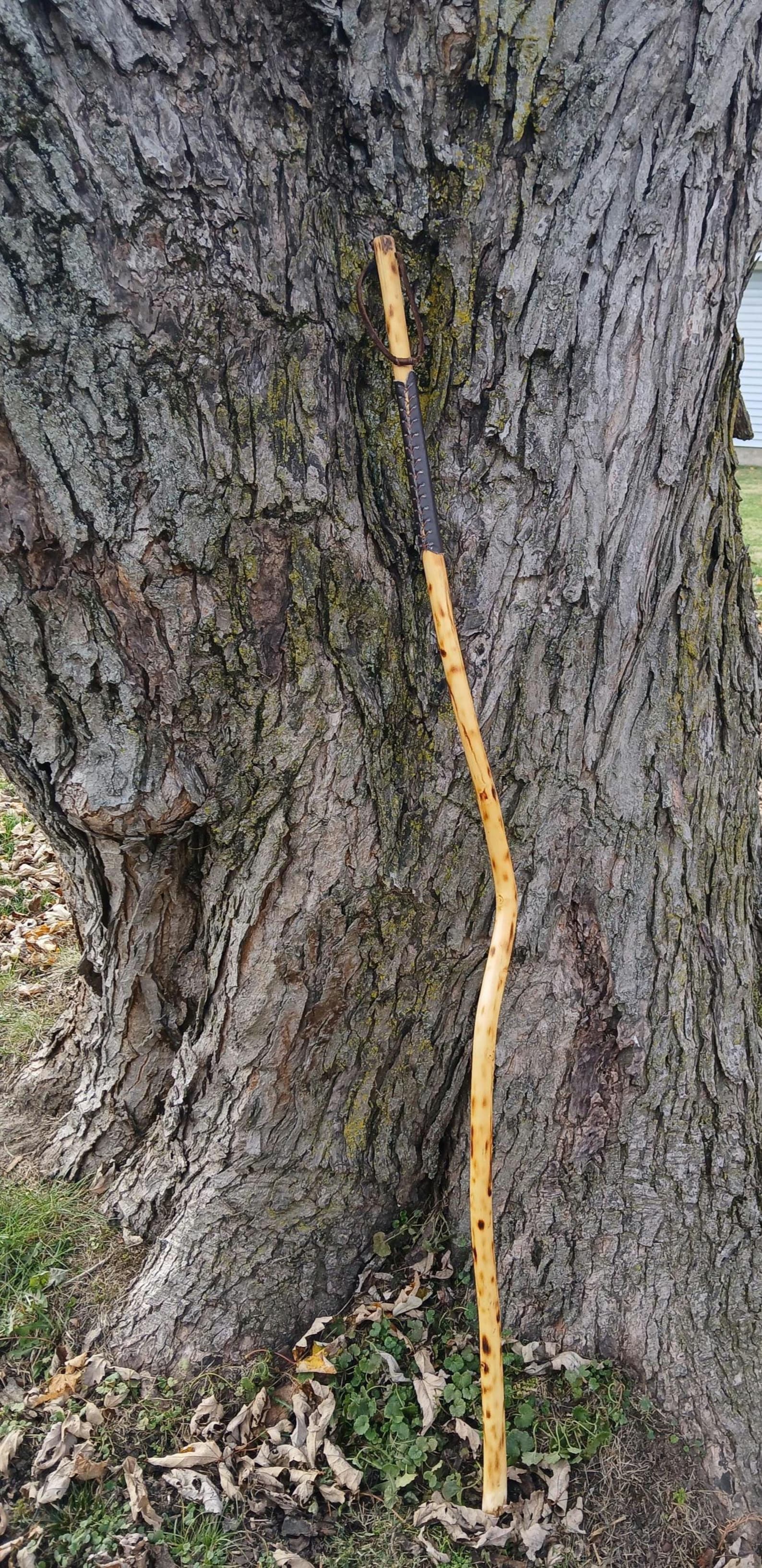 Handcrafted 56-inch Ash Wood Walking Staff With Burnt Finish, Leather ...