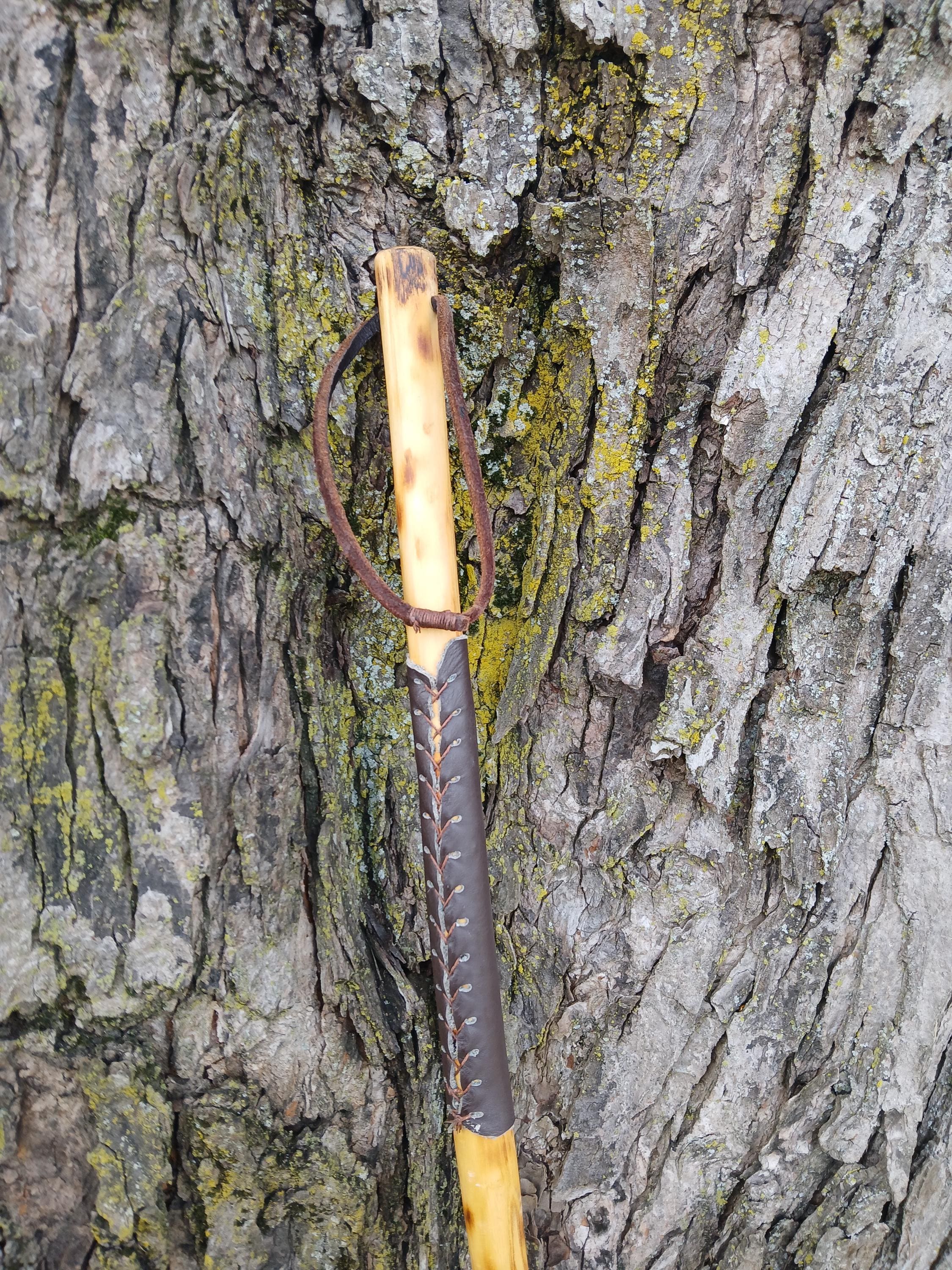 Handcrafted 56-inch Ash Wood Walking Staff With Burnt Finish, Leather ...