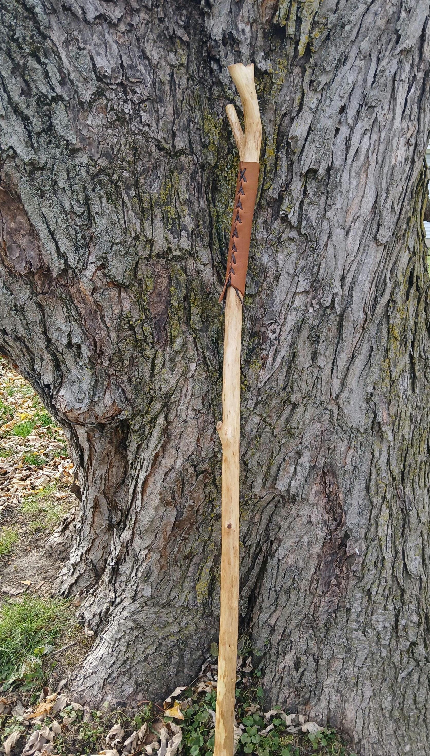 Handcrafted 57-inch Oak Walking Stick With Forked Design and Leather ...