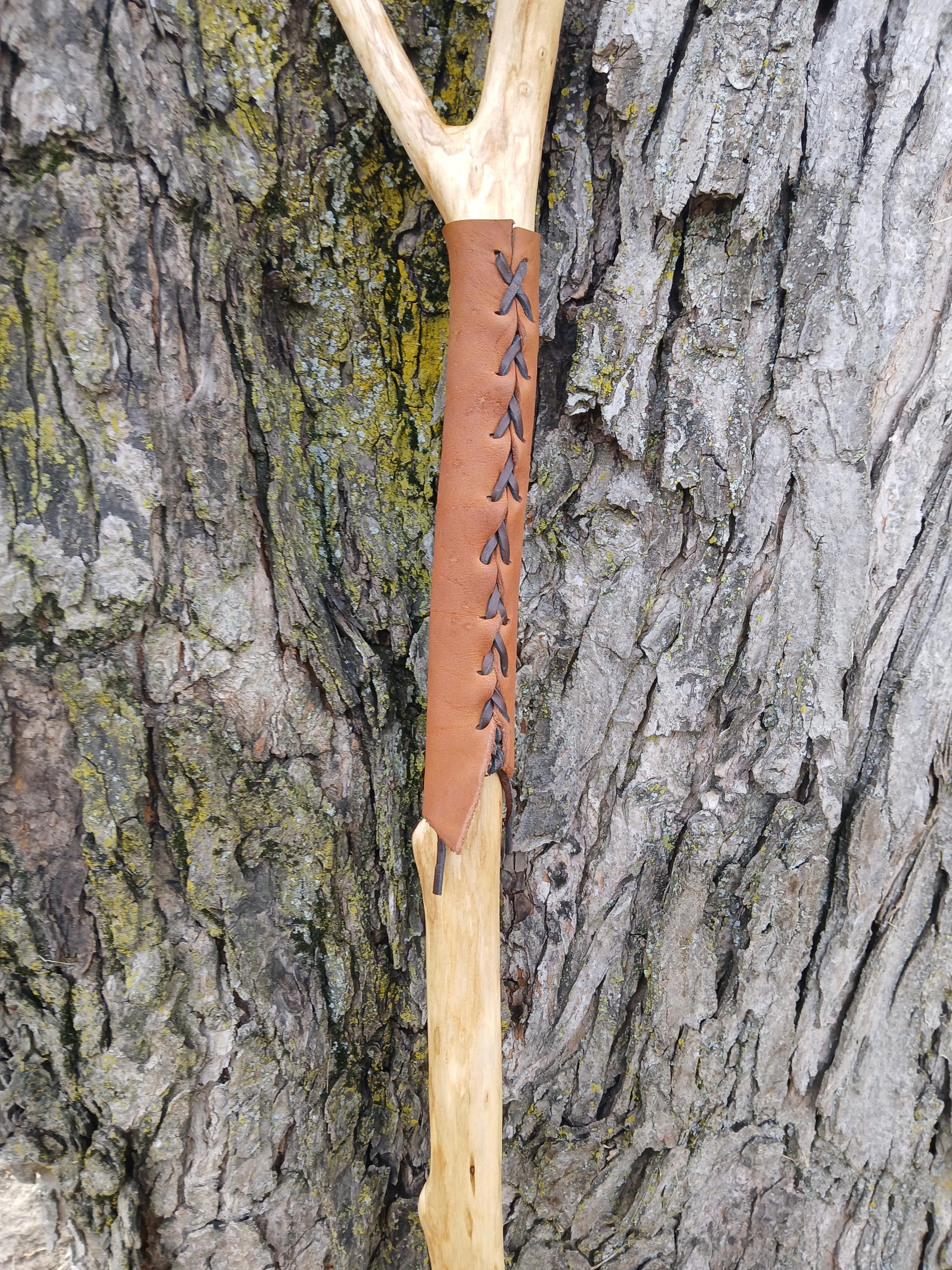 Handcrafted 57-inch Oak Walking Stick With Forked Design and Leather ...