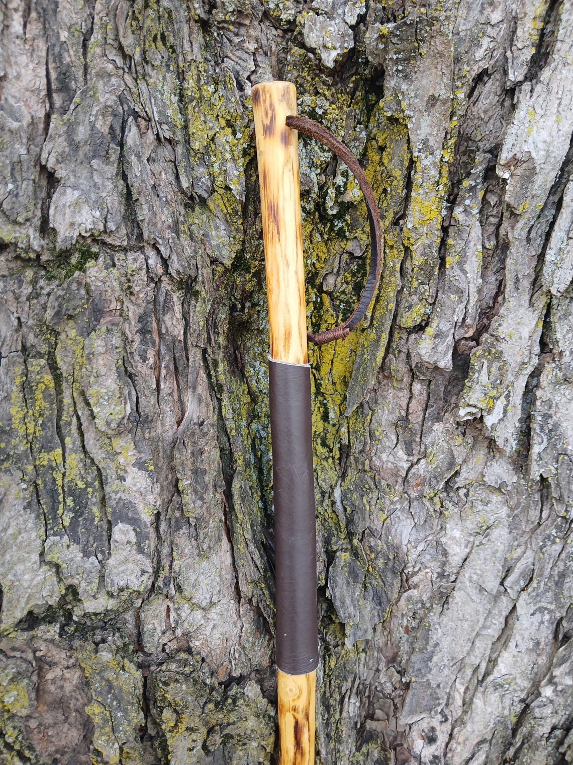 Handcrafted 56-inch Ash Wood Walking Staff With Burnt Finish, Leather ...