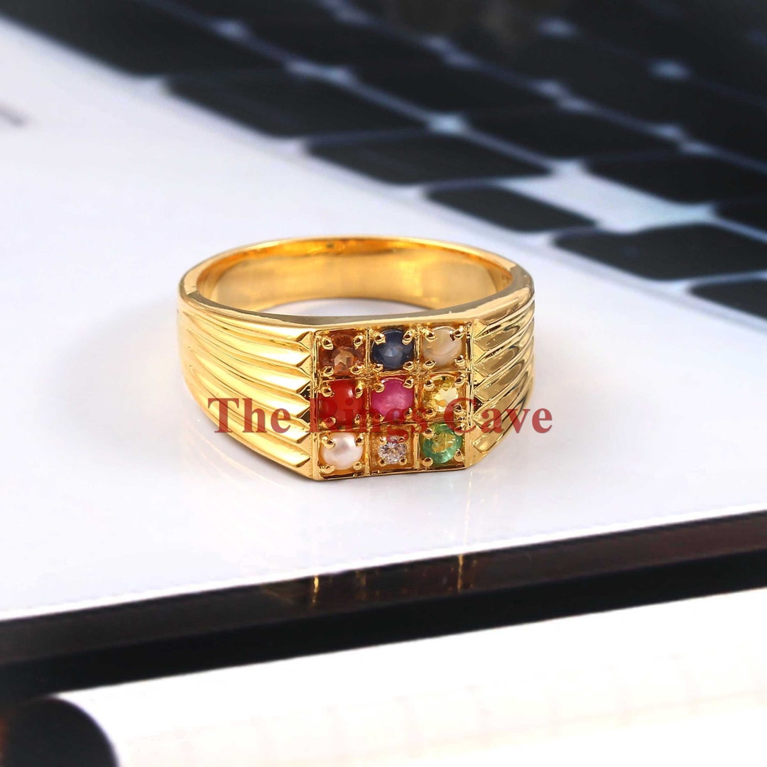 Navratna Gemstone Ring: 18K Gold Plated 925 Sterling Silver Rashi Ratan ...