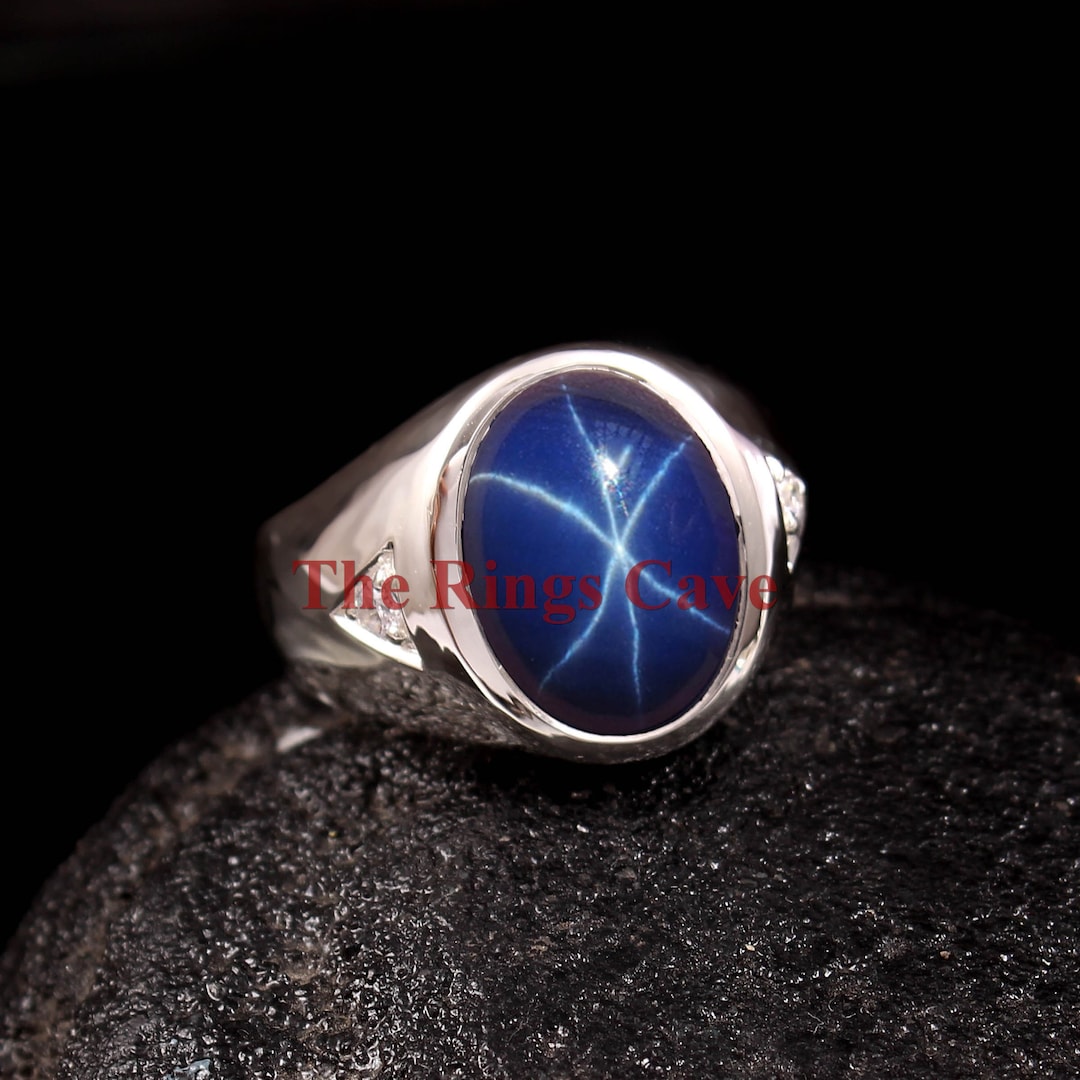 Linde Star Blue Sapphire Men Ring, 18K White Gold Plated Silver Ring ...
