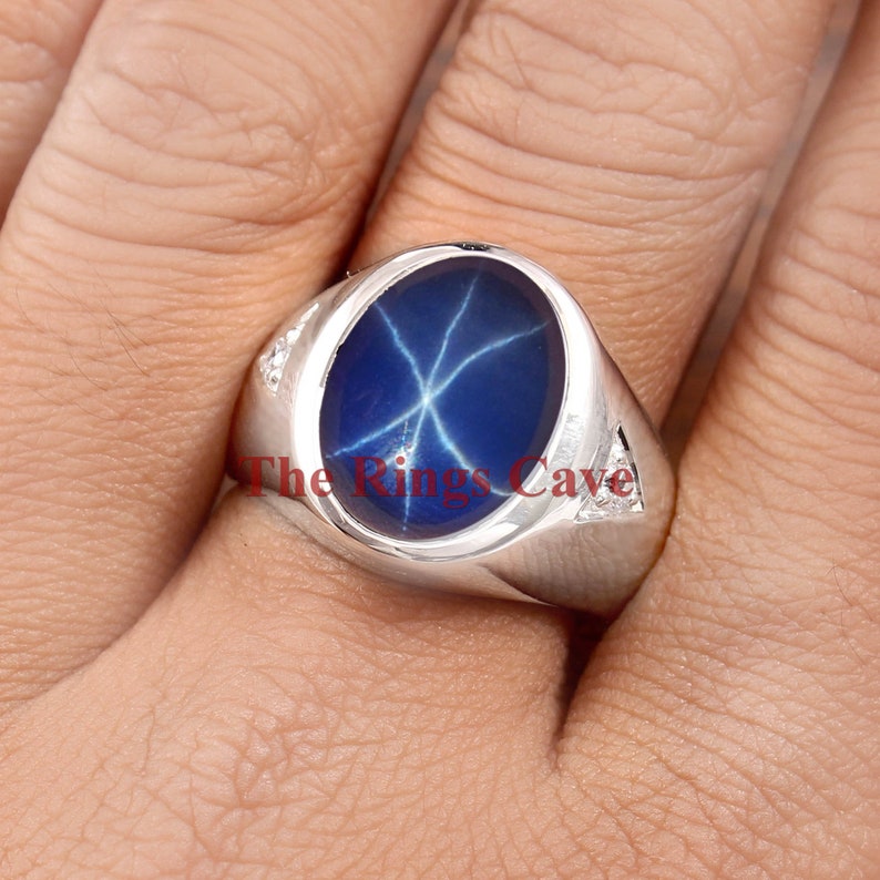 Linde Star Blue Sapphire Men Ring, 18K White Gold Plated Silver Ring ...