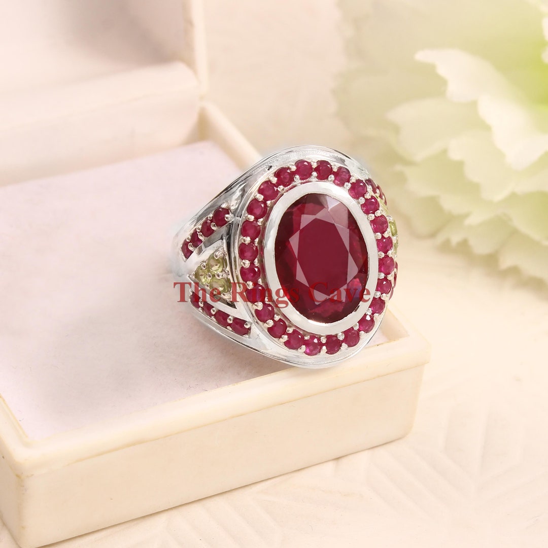 Natural Ruby Men's Ring, Ruby and Peridot Accent Ring, Handmade Ruby Statement Ring, 925 ...