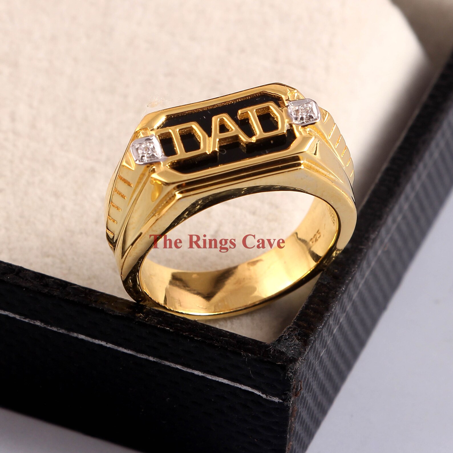 Dad Initial Black Onyx Signet Ring: 18K Gold Plated Sterling Silver - Etsy