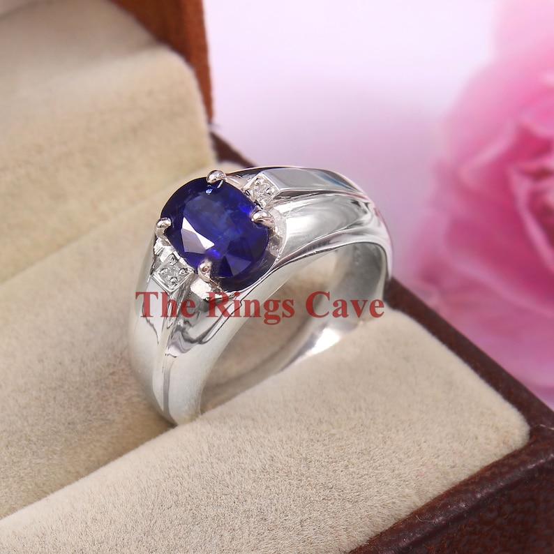 Natural Blue Sapphire Men Ring, 18K White Gold Plated Ring, 925 ...