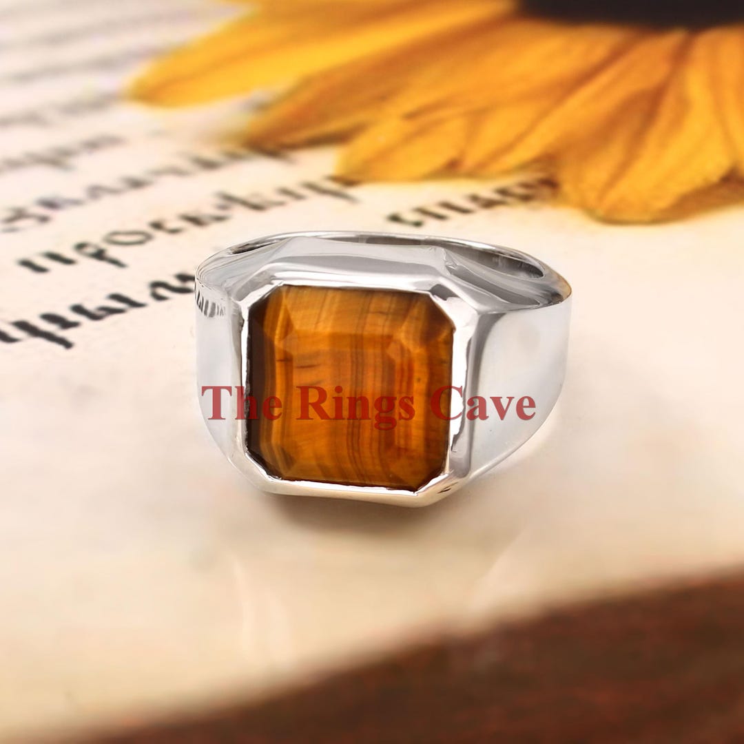 Natural Tiger Eye Men Ring, 18K White Gold Plated Ring, 925 Sterling ...