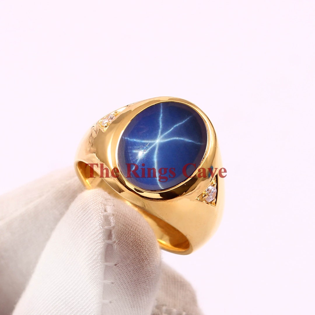 Linde Star Blue Sapphire Gemstone Ring, 18K Gold Plated Silver Ring ...