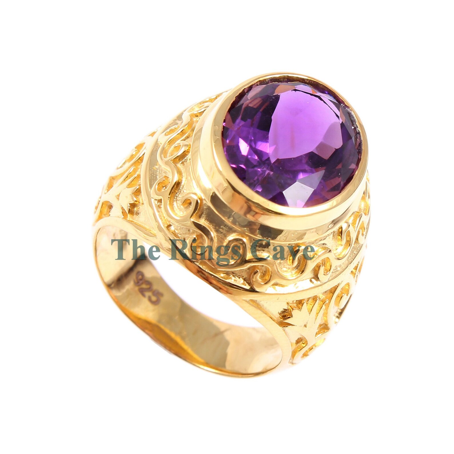 AAAA Amethyst Statement Men's Ring - Vintage Style Gold Plated Silver ...