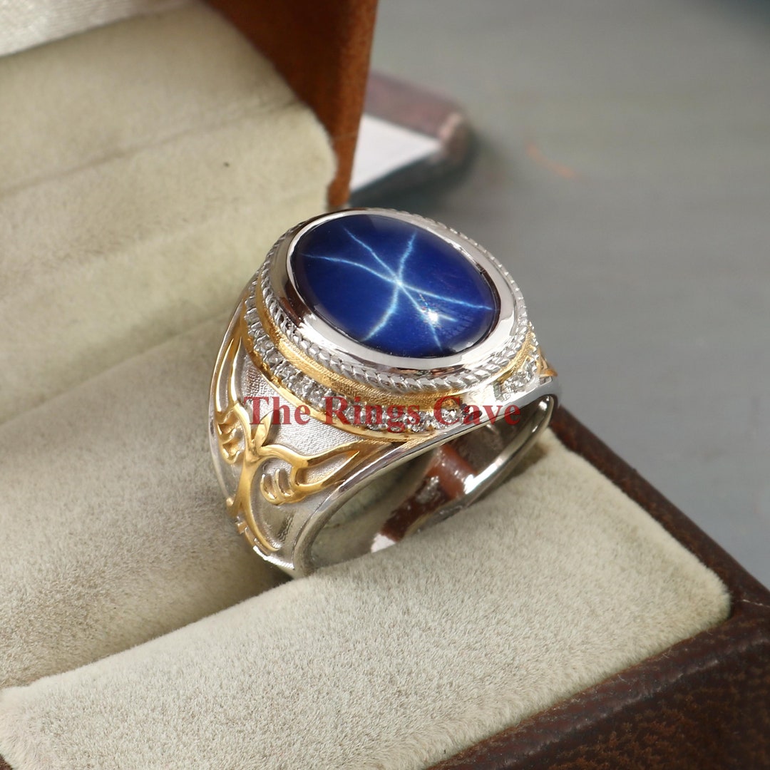 Linde Star Blue Sapphire Men Ring, 18K White Gold Plated Silver Ring ...