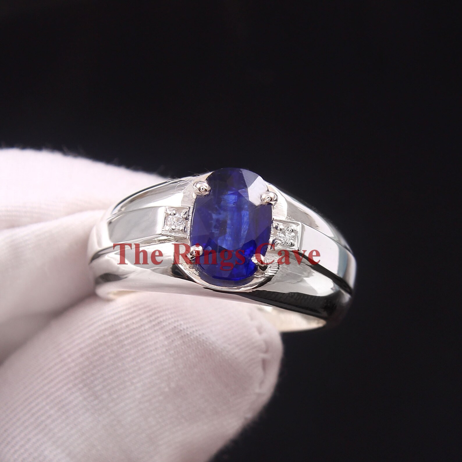 Natural Blue Sapphire Men Ring, 18K White Gold Plated Ring, 925 ...