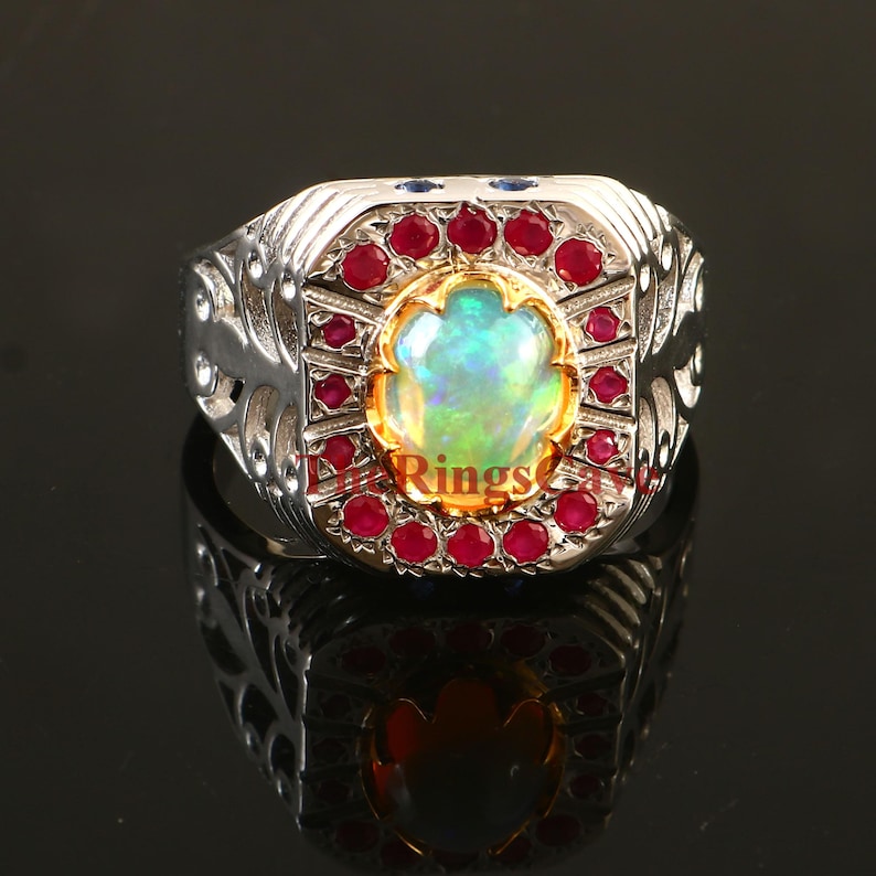 Natural Ethiopian Opal Men's Ring: Handcrafted Sterling Silver, Ruby ...