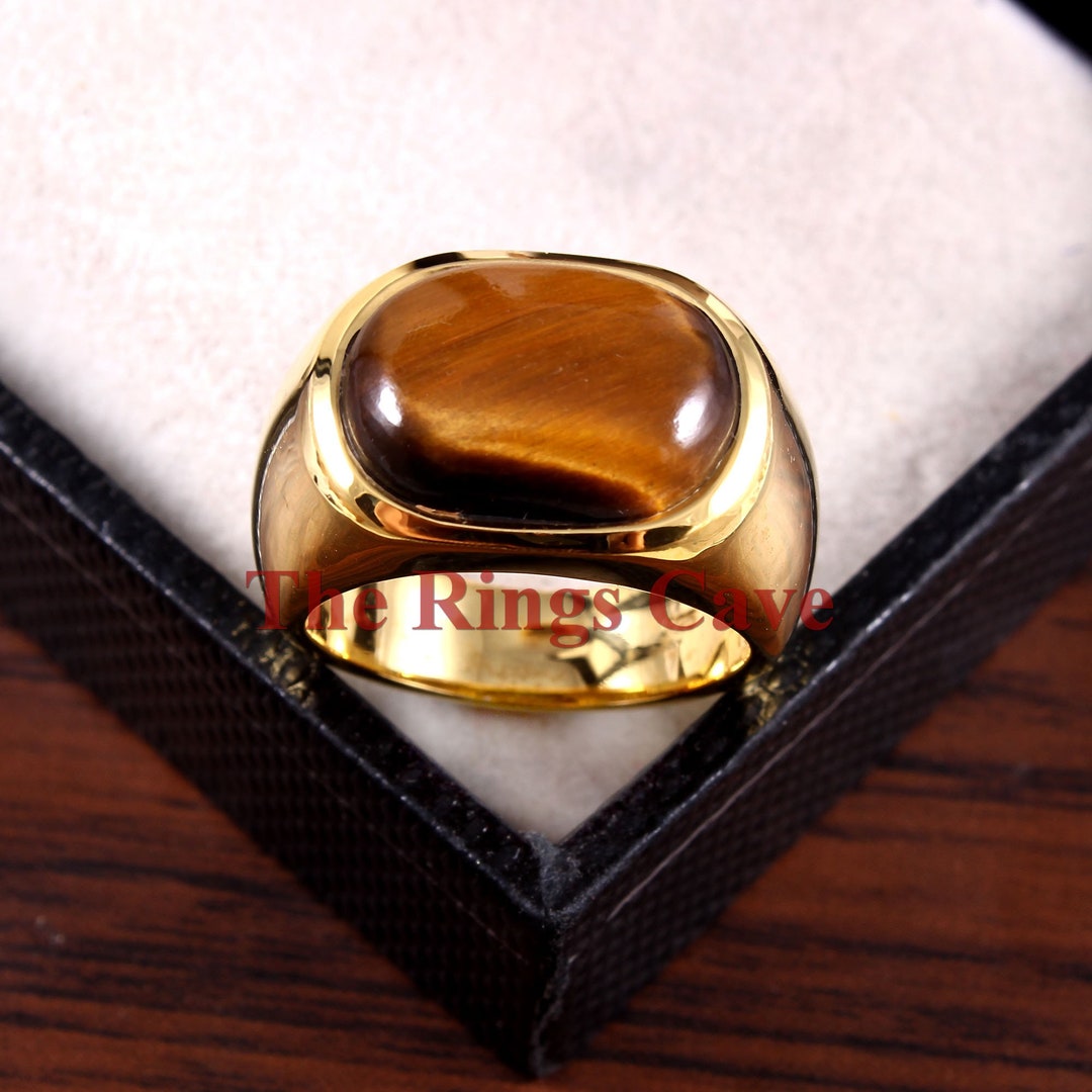 Natural Tiger Eye Men Ring, 18K Gold Plated Silver Ring, 925 Sterling ...