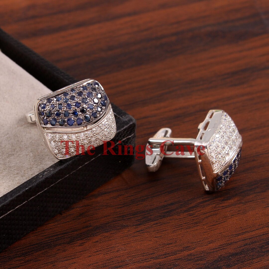Blue Sapphire With Moissanite Men's Cufflinks, Sterling Silver Cufflink, Wedding Cufflink ...