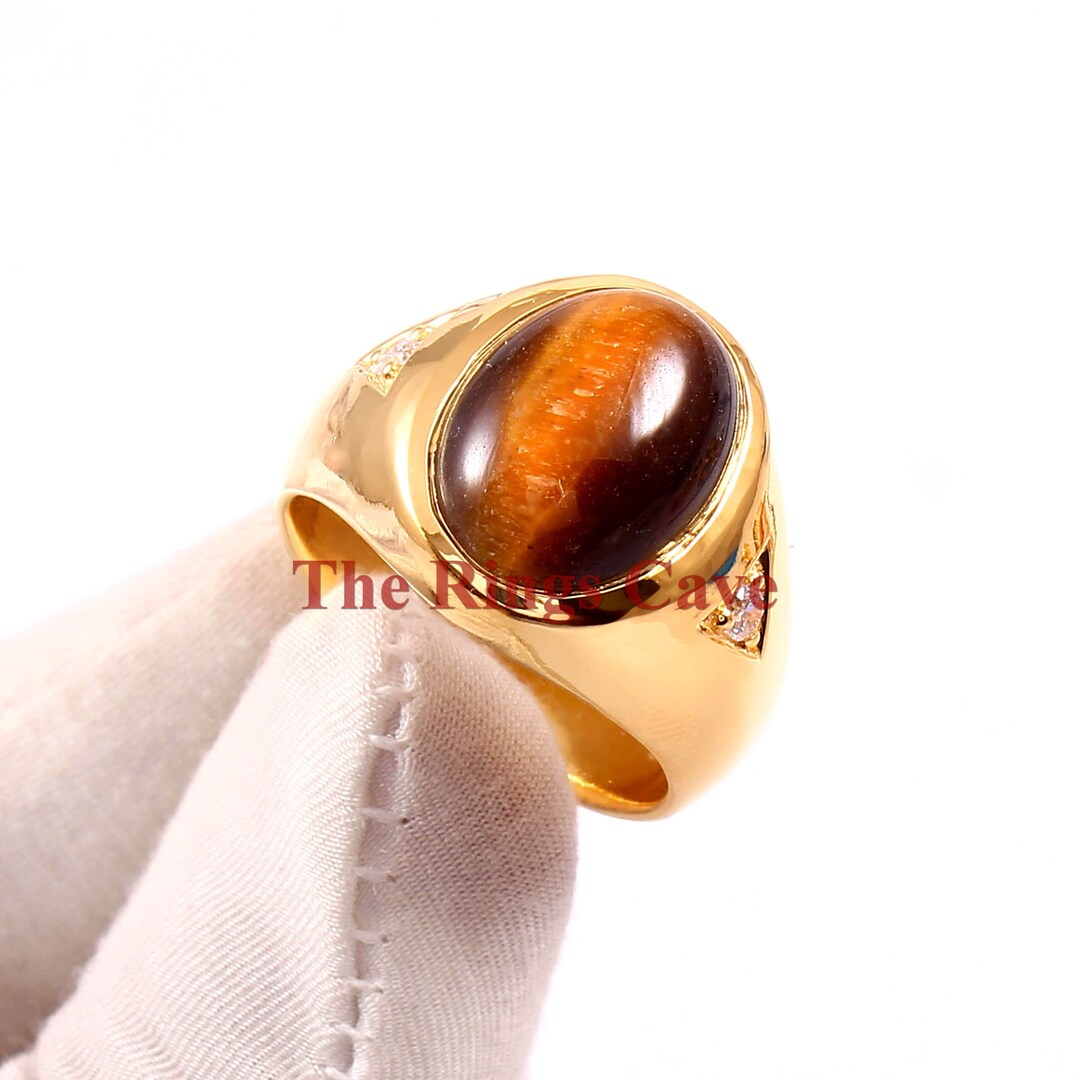 Natural Tiger Eye Men Ring, 18K Gold Plated Ring, 925 Sterling Silver ...