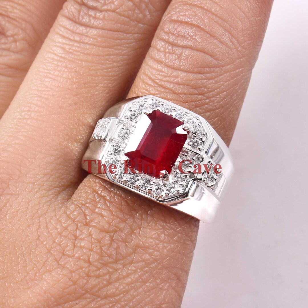 Natural Ruby Men Ring, 18K White Gold Plated Ring, 925 Sterling Silver Ring, Ruby Cluster Men's ...