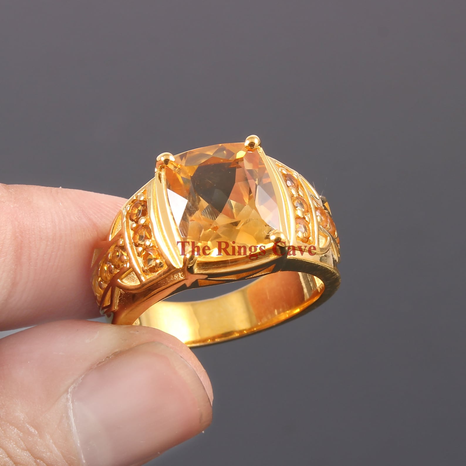 Natural Citrine Gemstone Men's Ring: 18K Gold Plated 925 Sterling ...