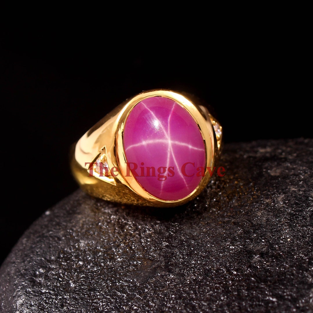 Linde Star Ruby Men's Signet Ring, 18K Gold Plated Silver Ring, Star ...