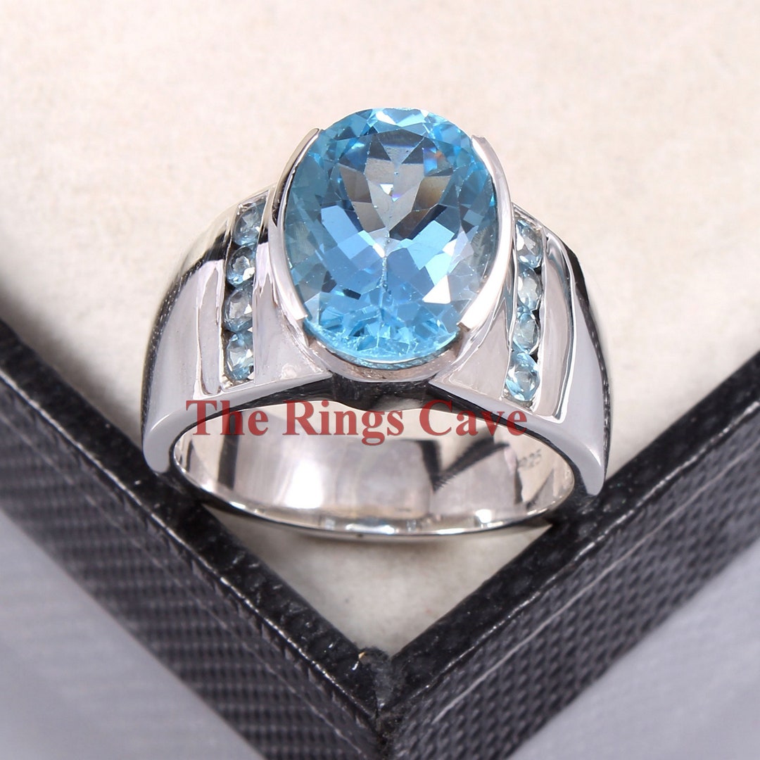 Natural Blue Topaz Men Ring, 18K White Gold Plated Ring, 925 Sterling ...