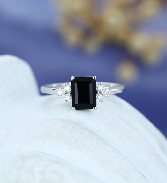 Emerald Cut Black Onyx Engagement Ring Vintage Solid 14k White | Etsy