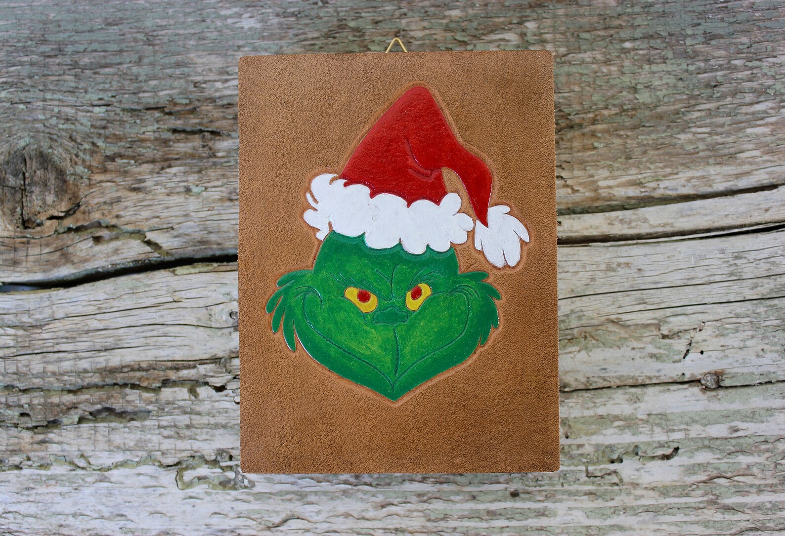 Grinch Leather and Wood Frame Grinch Wall Art Christmas - Etsy UK