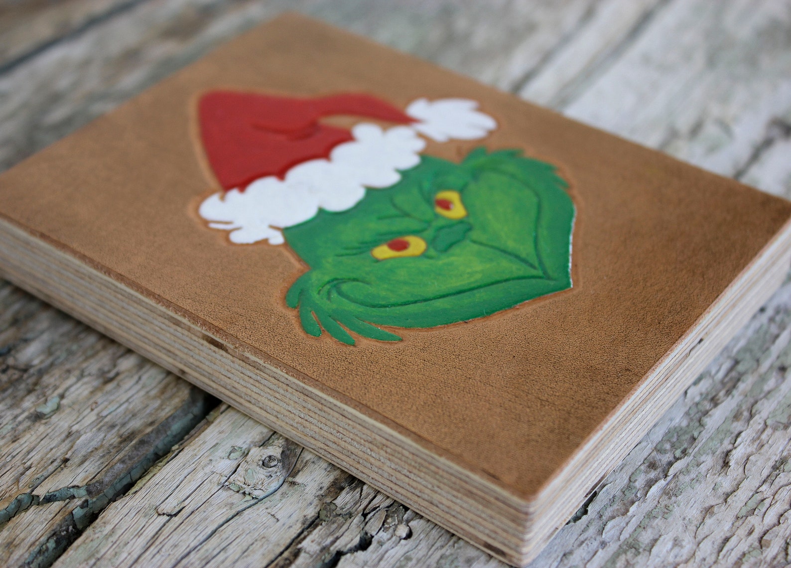 Grinch Leather and Wood Frame Grinch Wall Art Christmas - Etsy UK