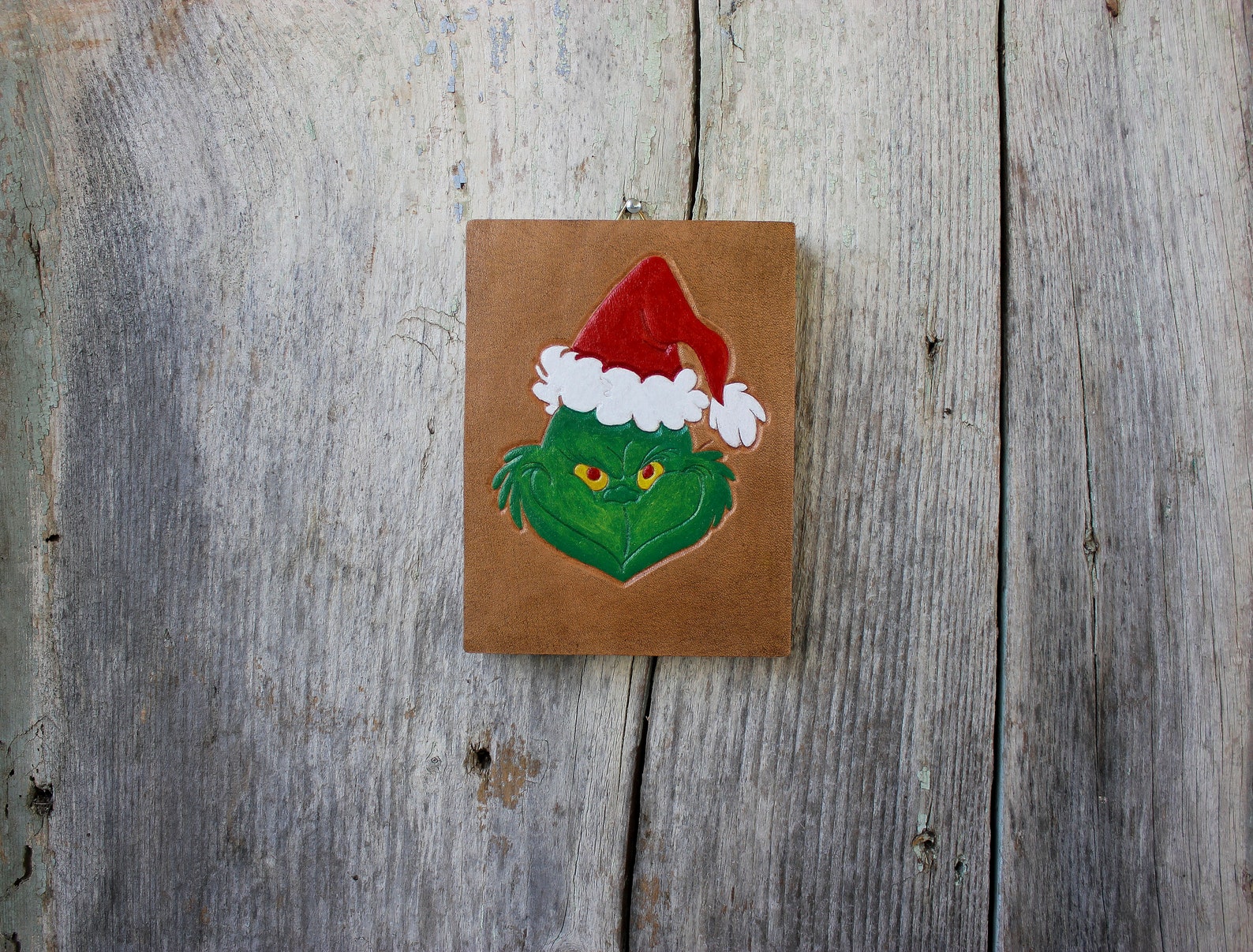 Grinch Leather and Wood Frame Grinch Wall Art Christmas - Etsy UK