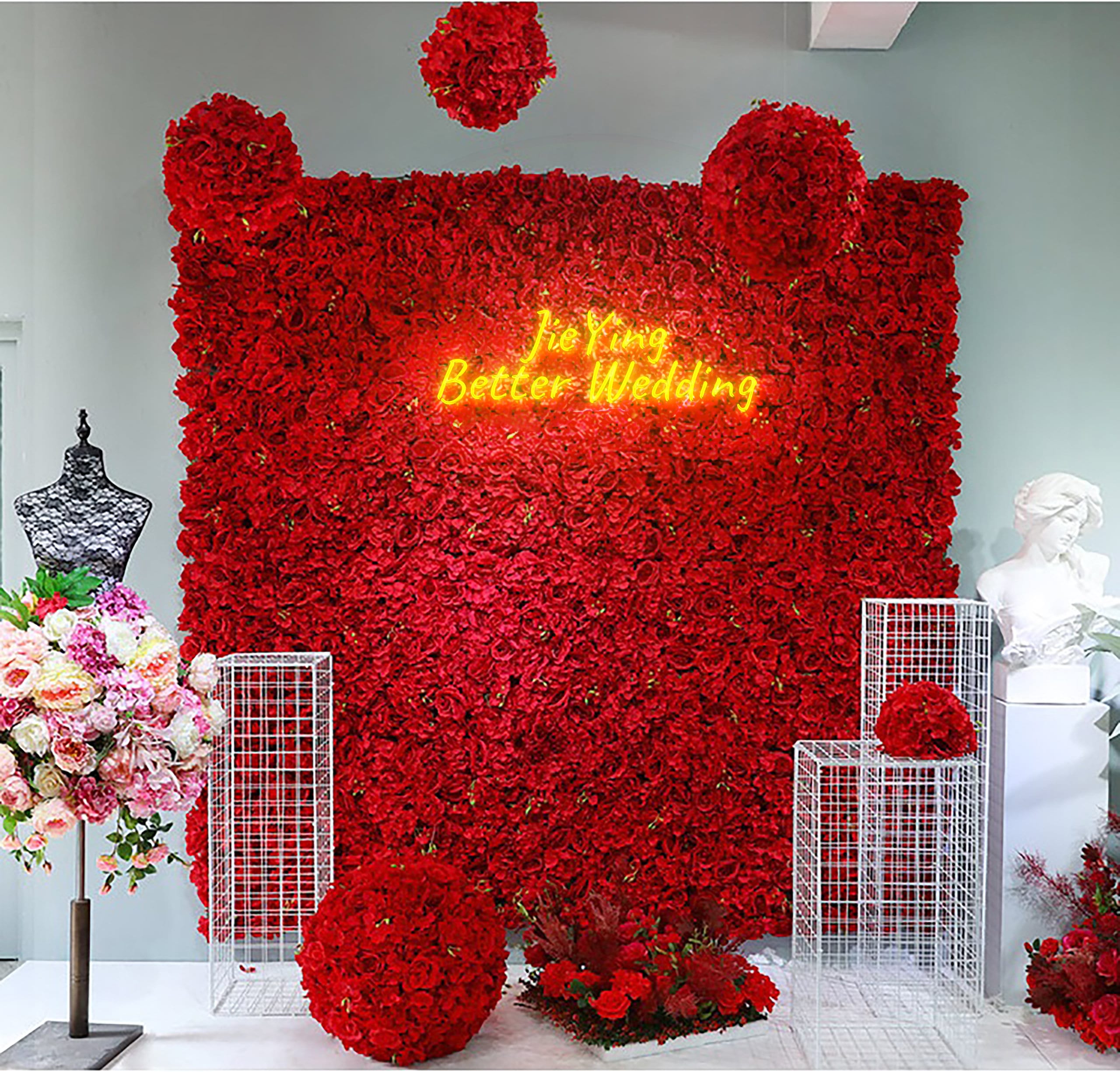 Red Wedding Floral Wall 3D Artificial Flower Wall Panels for Wedding ...
