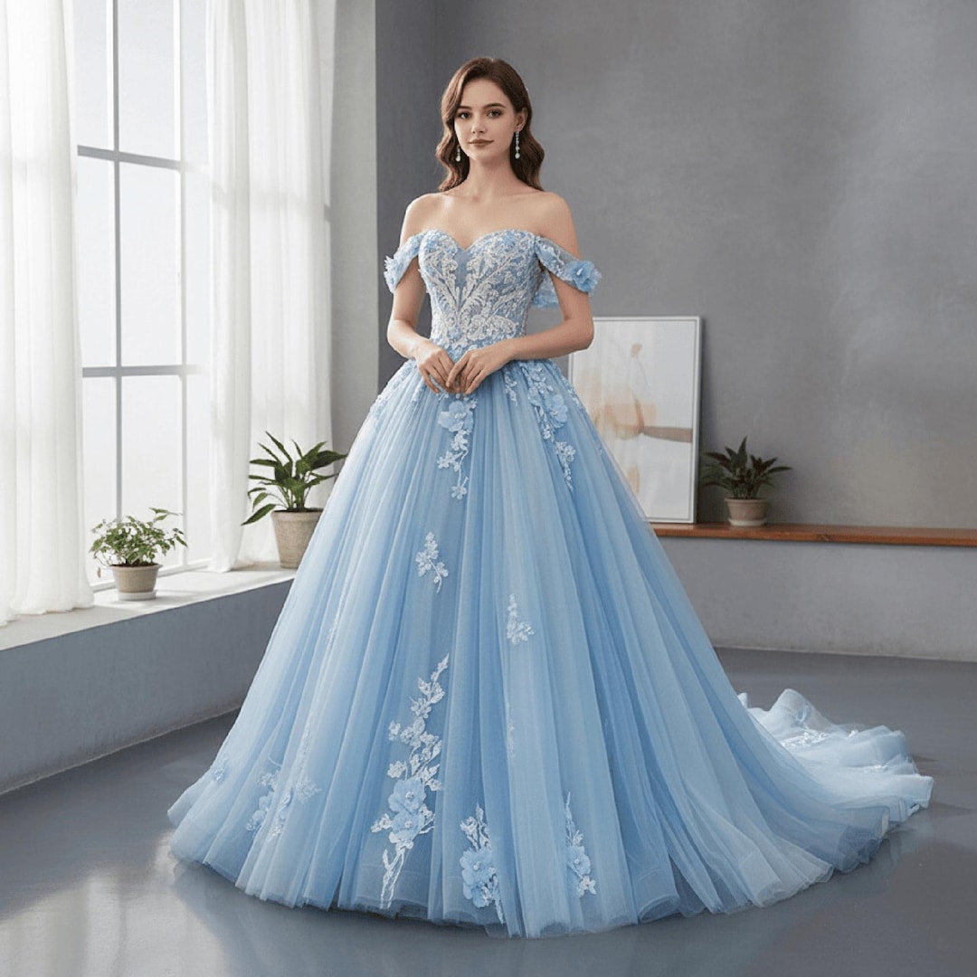 Fairy Blue Puffy Tulle off Shoulder Prom Dress, Puffy Prom Dress, Blue ...