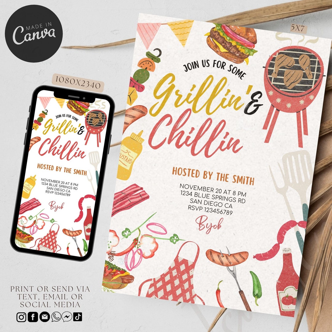 Grillin & Chillin Text Invitation, Backyard Bbq Invitation, Editable ...