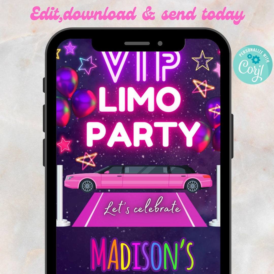 Vip Pink Limo Party Text Invitation,vip Limo Neon Glow Birthday ...