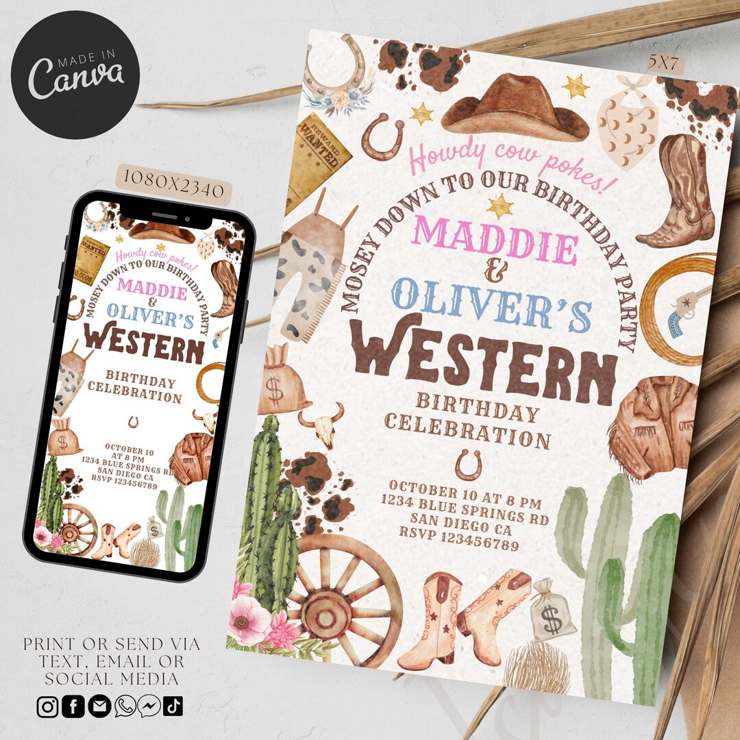 Editable Rodeo Birthday Invitation Double Birthday Invitation Blue ...