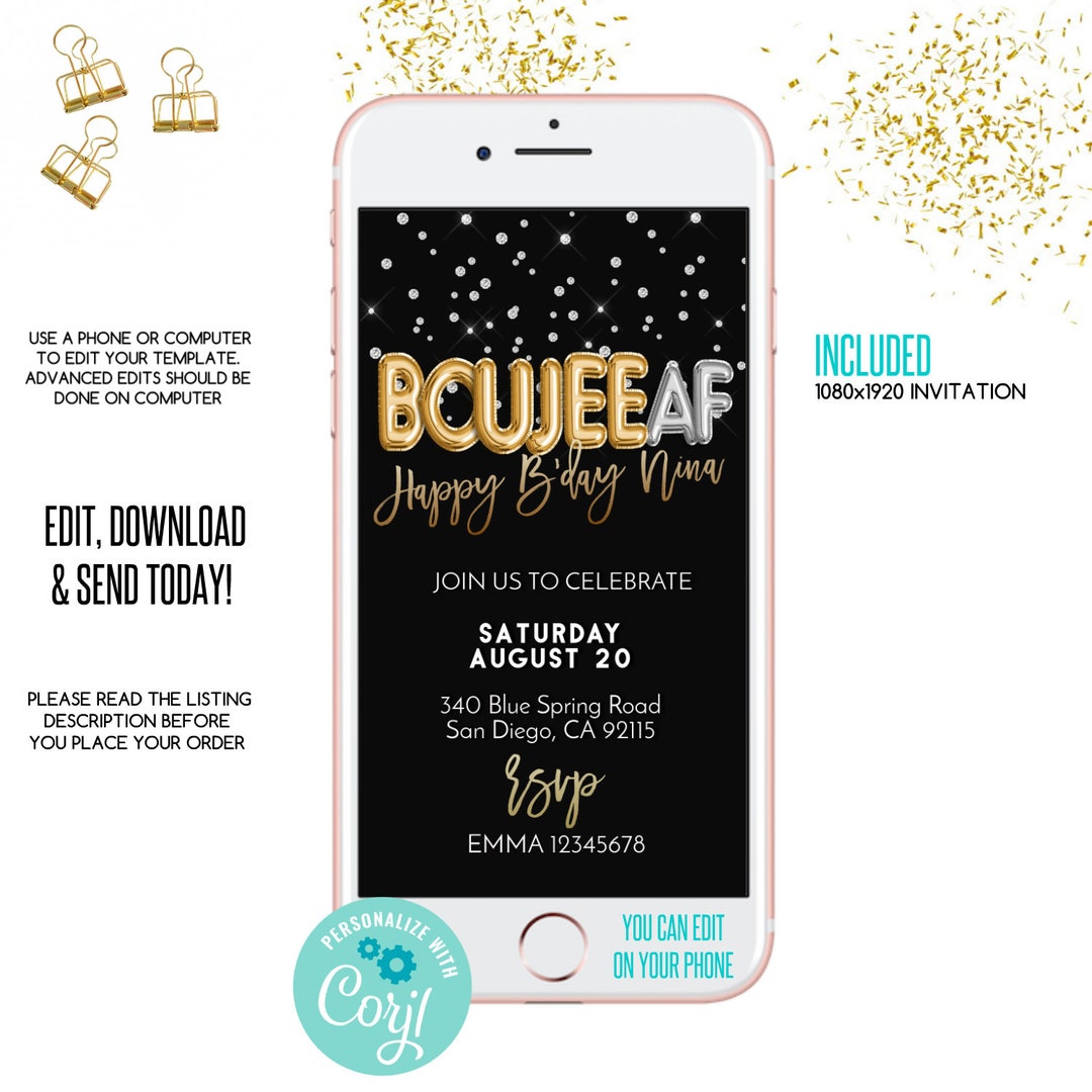Boujee Af, Birthday Invitation, E-invite, Black and Gold Phone ...