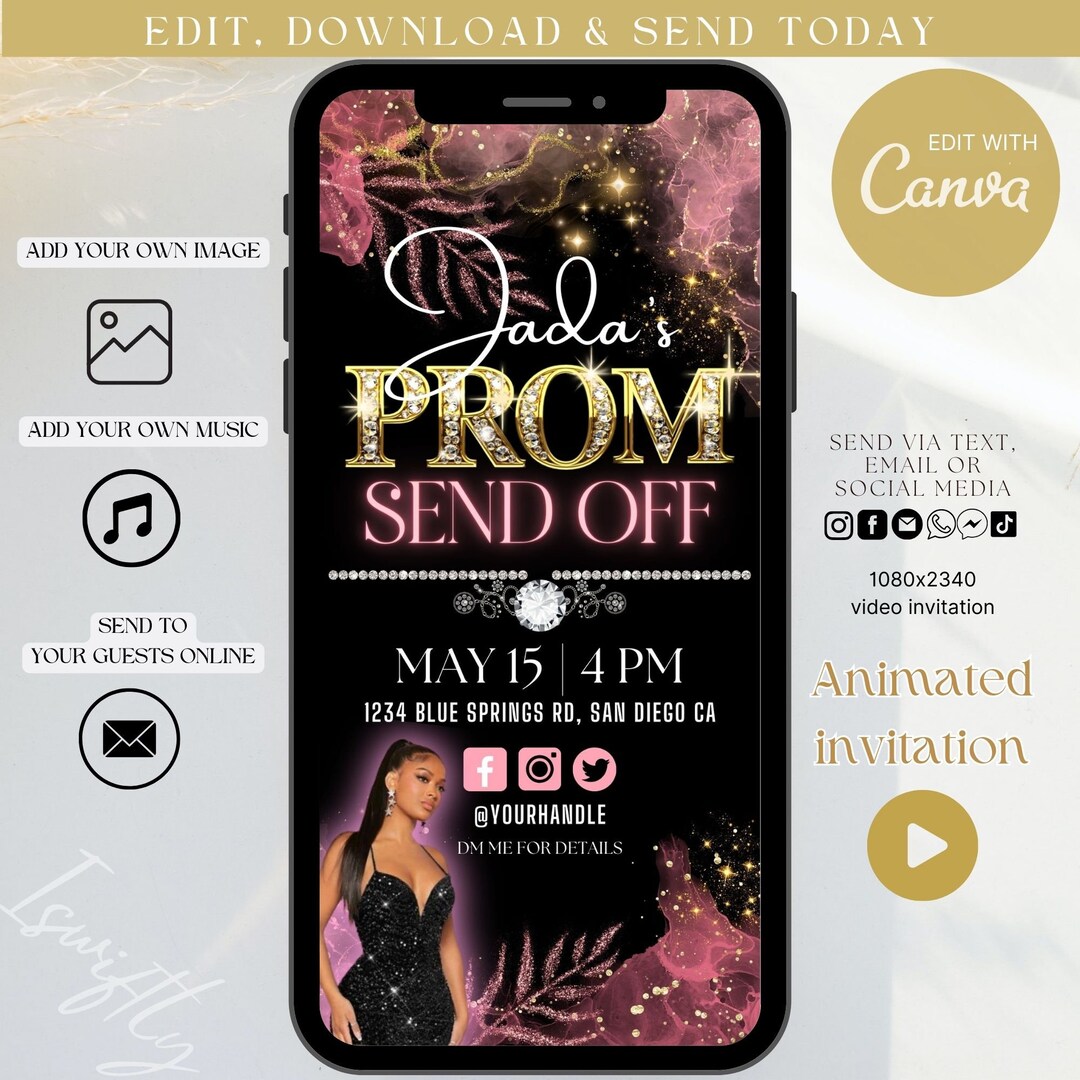 Animated Glitter Pink Prom Send off Video Invitation,digital Prom Party ...