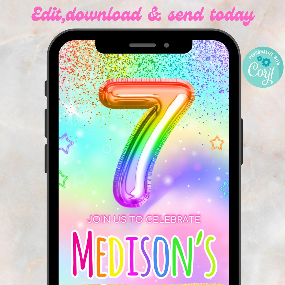 EDITABLE 7th Birthday Rainbow Text Invitation, E-invite, Balloon ...