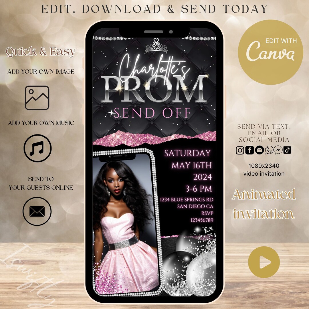 Animated Elegant Pink Prom Send off Video Invitation,digital Prom Party ...