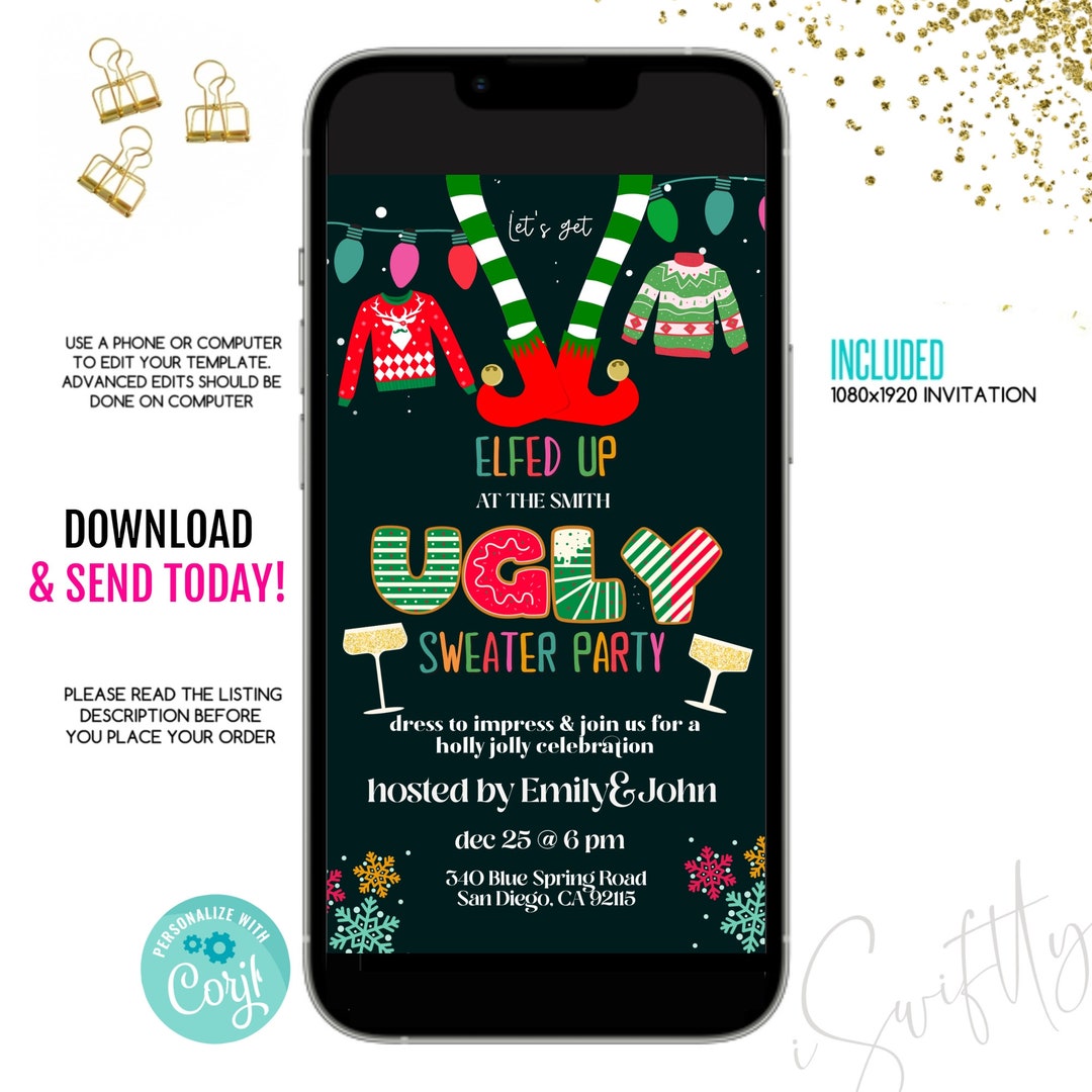 Ugly Sweater Christmas Party Text Invitation Lets Get Elfed Up