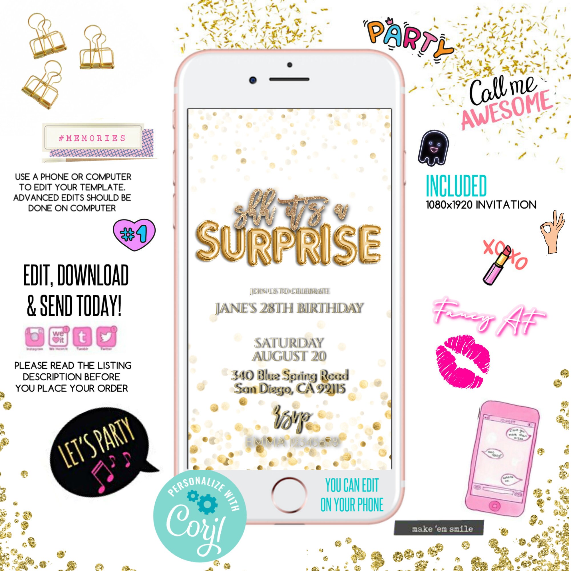 Shh it's a surprise text invitation surprise birthday | Etsy
