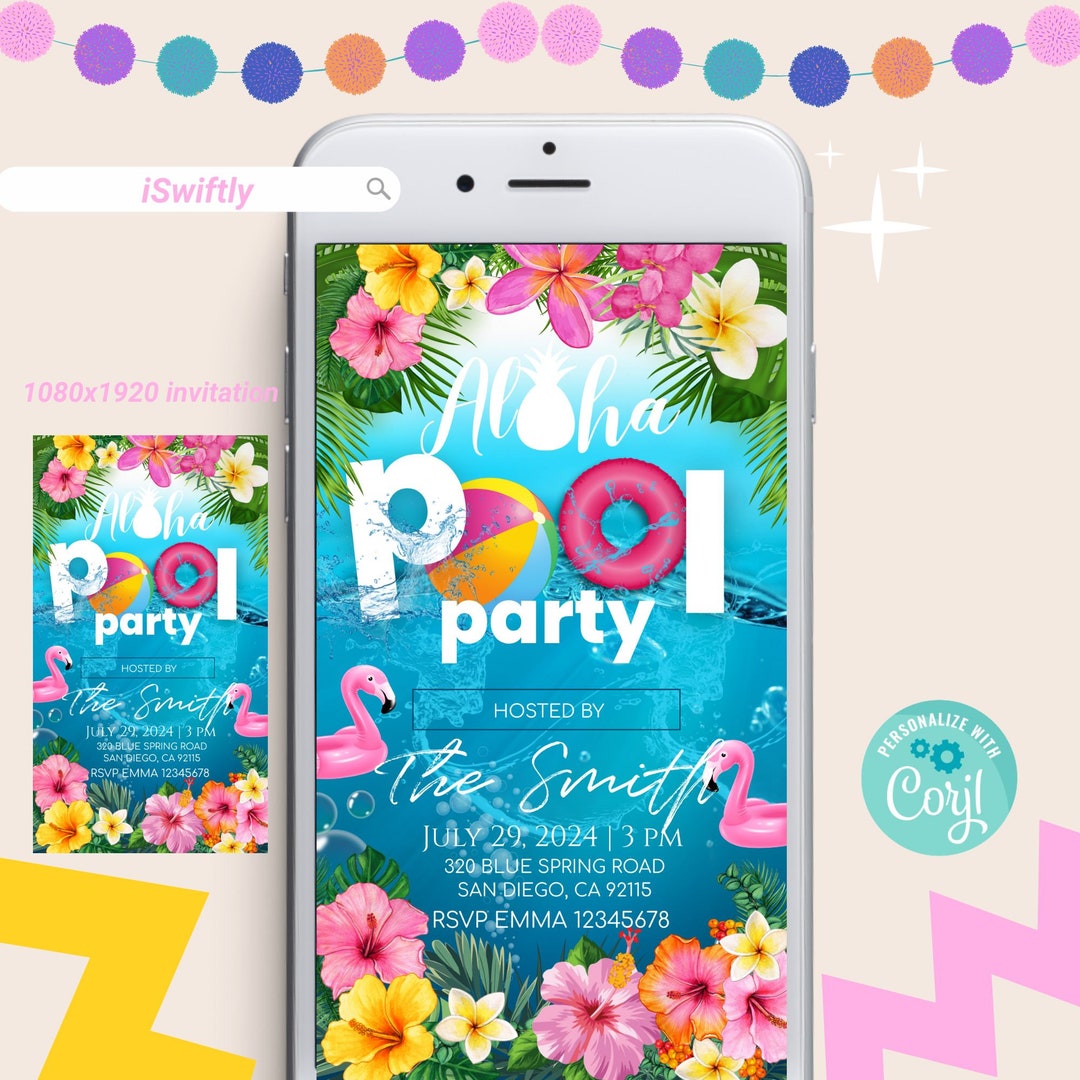 Pool Party Text Invitation,aloha Summer Evite Birthday iPhone ...