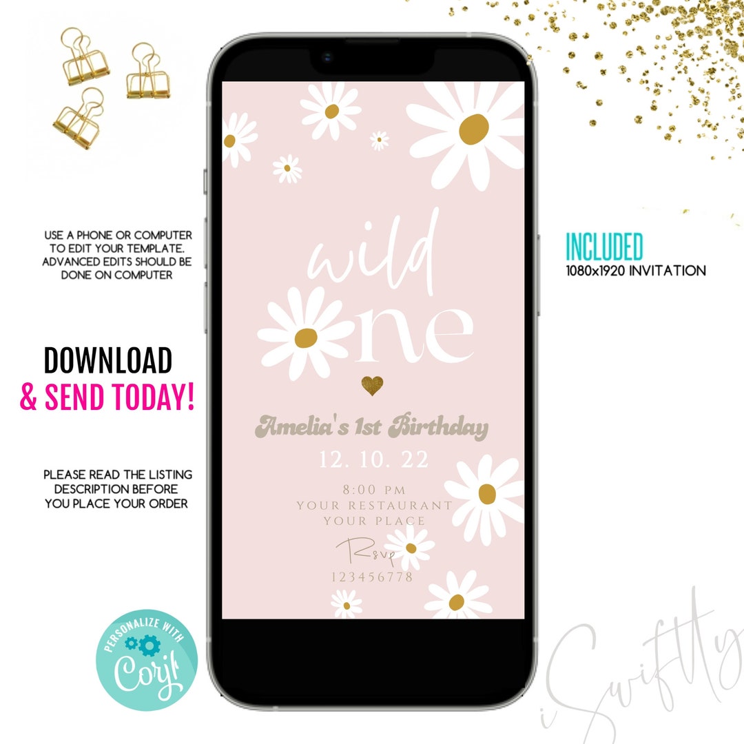 Wild One Text Invitation, Text Invitation First Birthday, Daisy, Retro ...